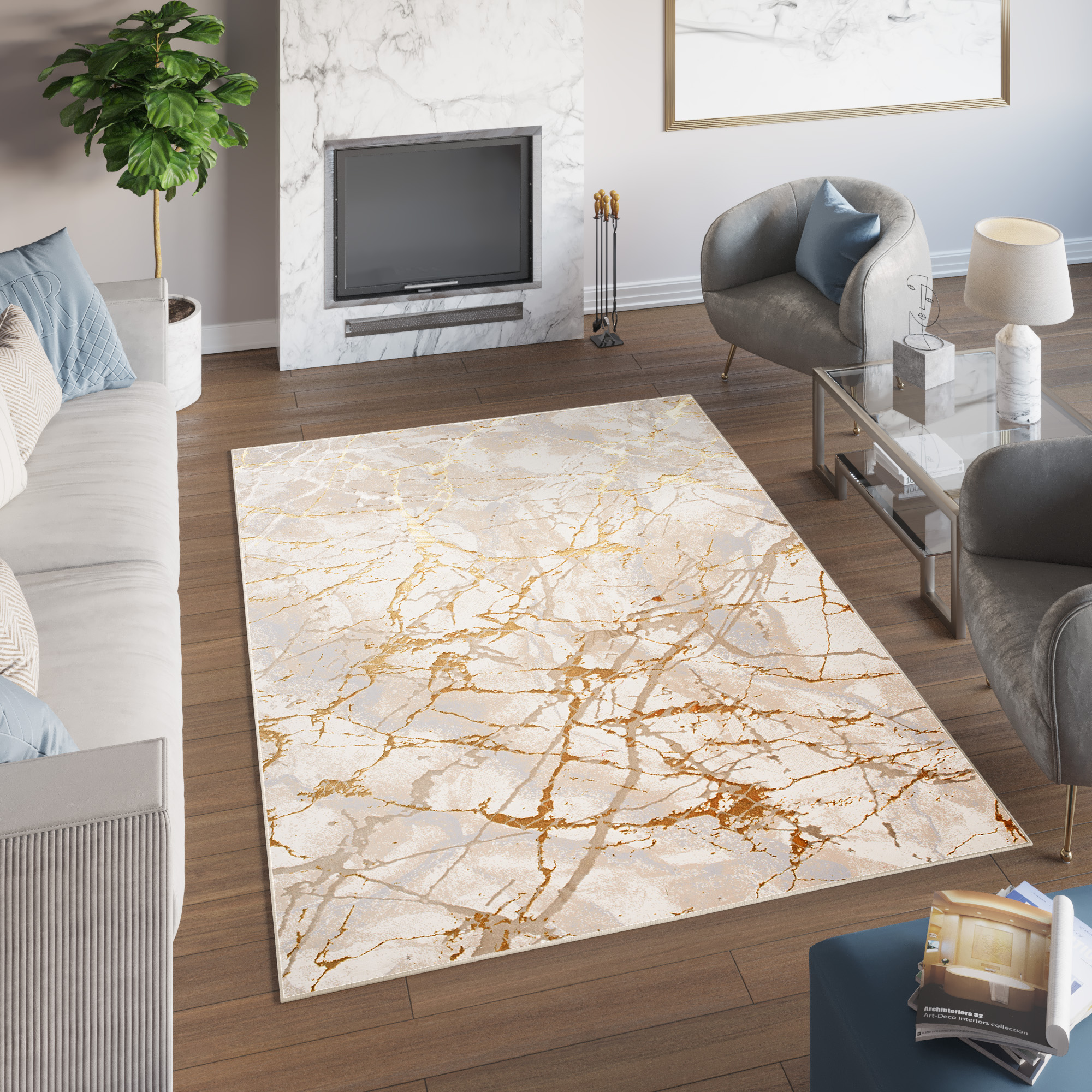 Area Rug Golden Cream Gold Abstract Lines - Tapiso