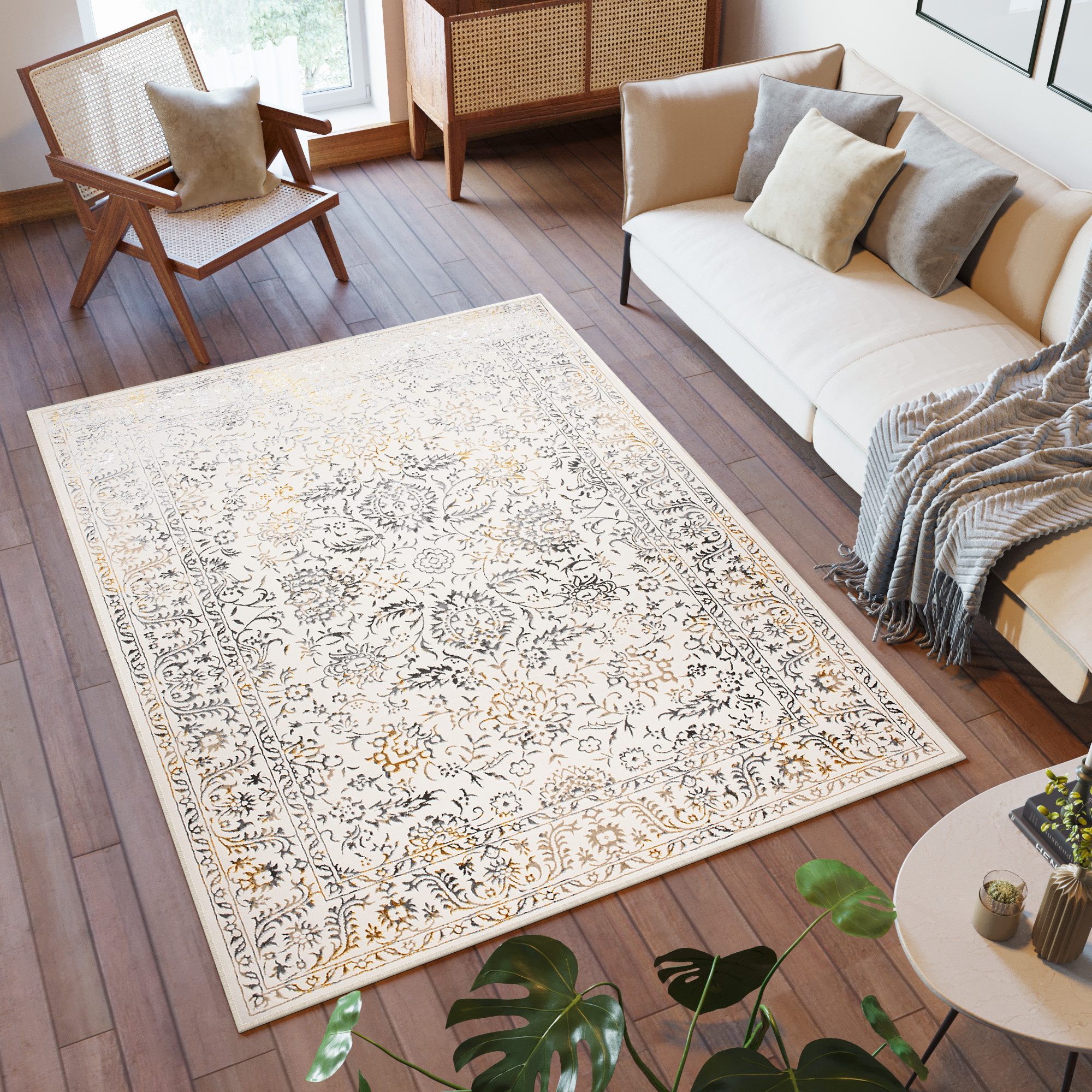 Area Rug Golden Cream Gold Grey Vintage Frame - Tapiso