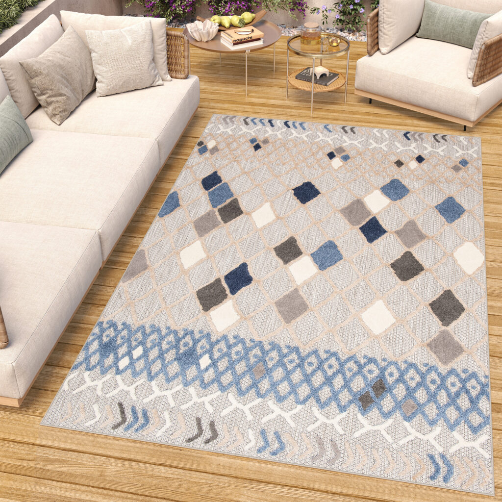 Area Rug Patio Outdoor Grey Blue Ethnic - Tapiso