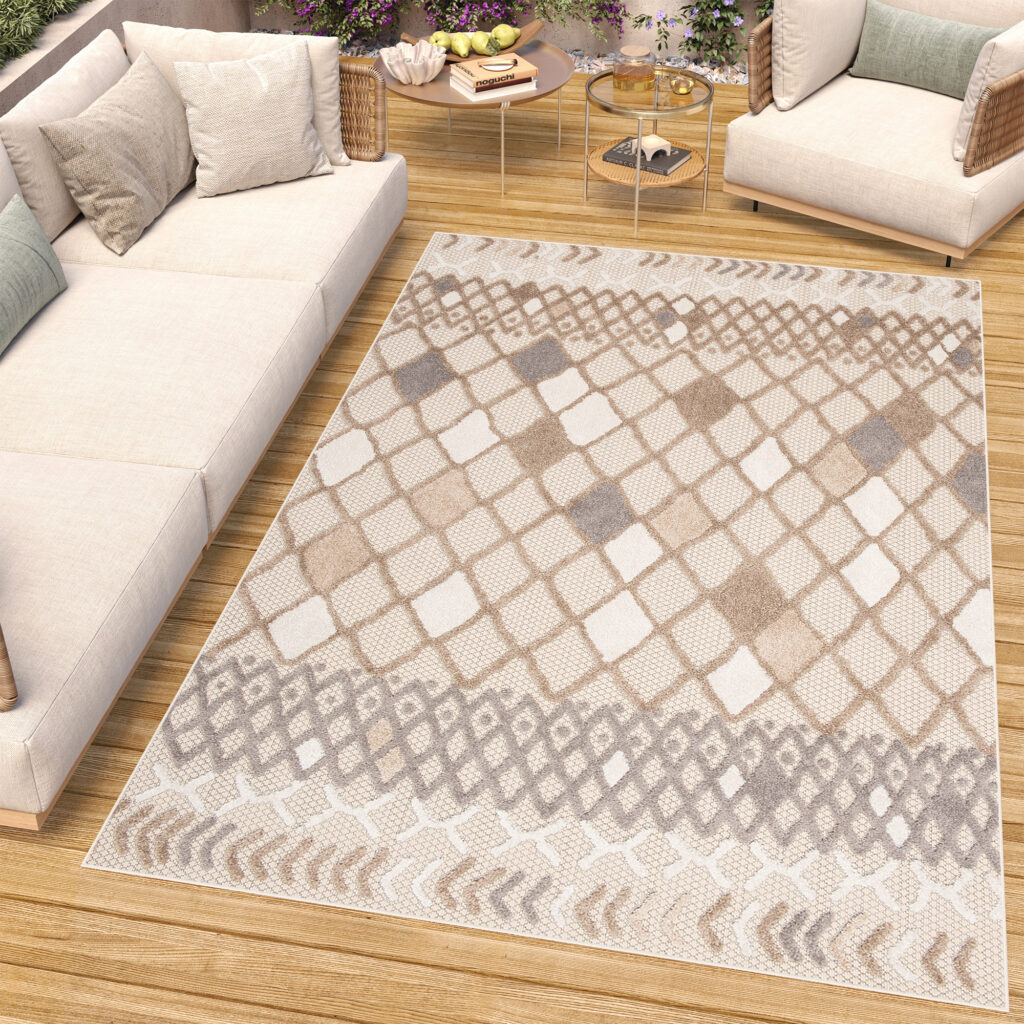 Area Rug Patio Outdoor Grey Cream Ethnic - Tapiso