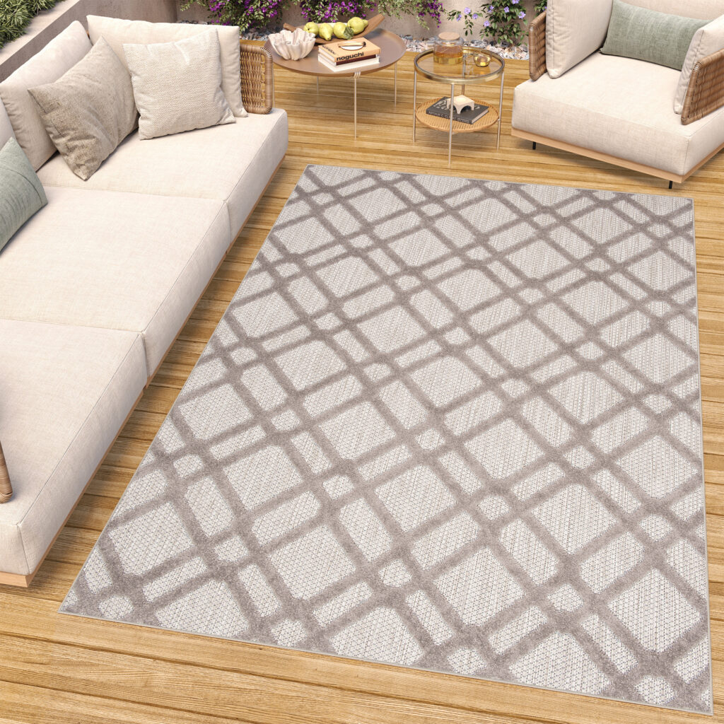 Area Rug Patio Outdoor Beige Grey Checkered - Tapiso