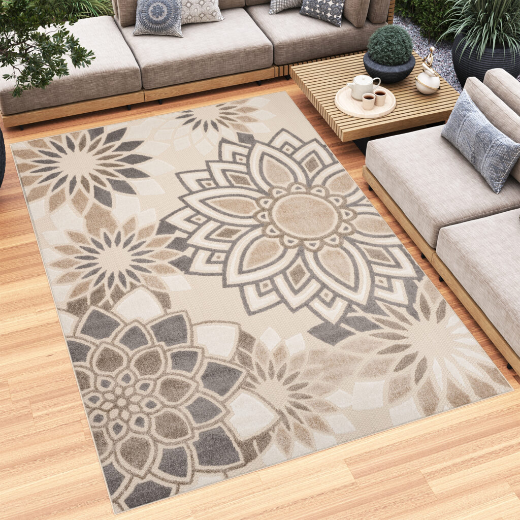Area Rug Patio Outdoor Cream Grey Flowers - Tapiso
