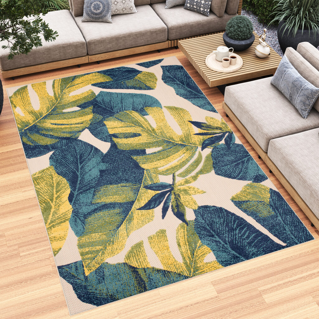 Area Rug Patio Outdoor Cream Palm Leaves - Tapiso